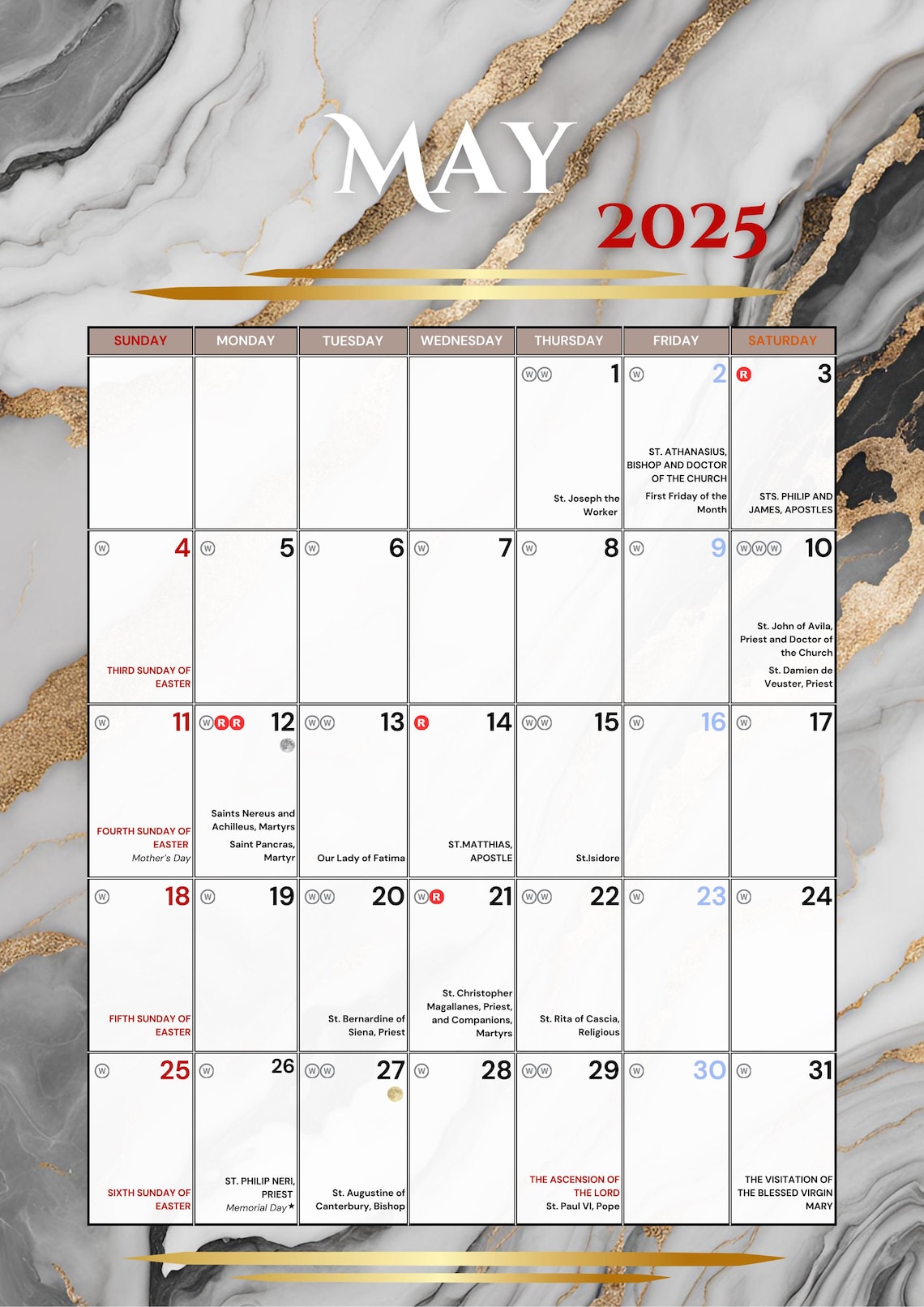 Digital Roman-catholic Calendar 2025 - Marble - Etsy
