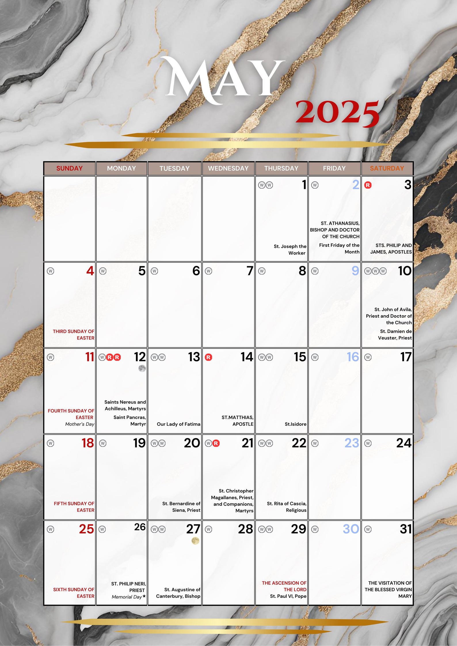 Digital Roman-catholic Calendar 2025 - Marble - Etsy