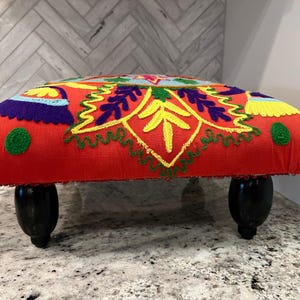 Brightly Colored Boho, Ethnic, Footstool, Footrest, Ottoman With Wooden ...