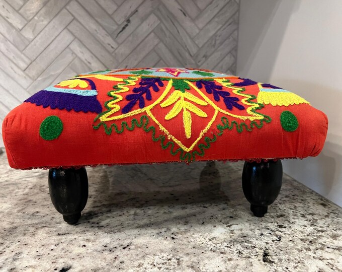 Brightly Colored Boho, Ethnic, Footstool, Footrest, Ottoman With Wooden ...