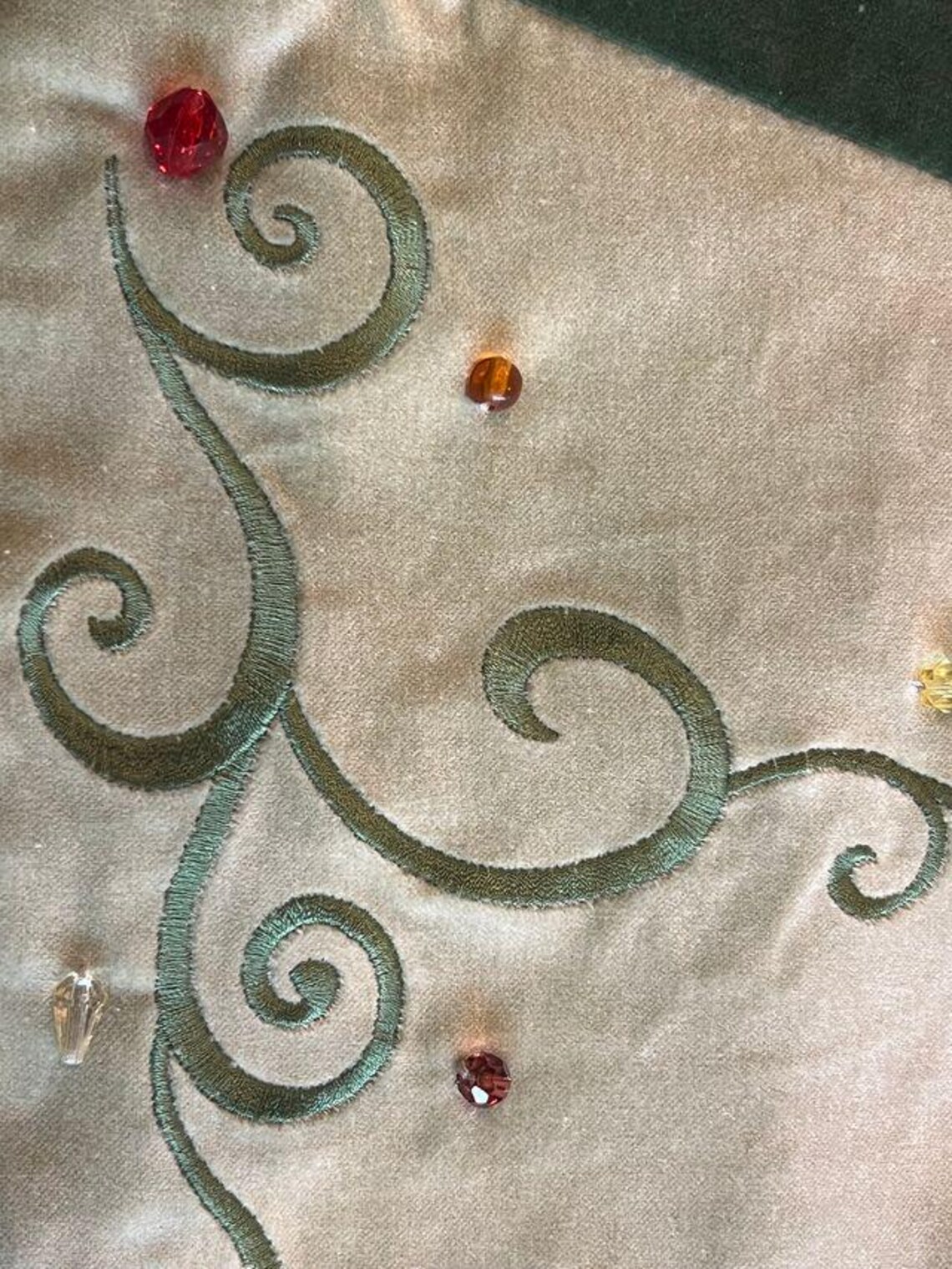 Tree Skirt, Green and Burgundy Velvet With Hand Sewn Jewels, Covered Buttons and Loop Closure ...