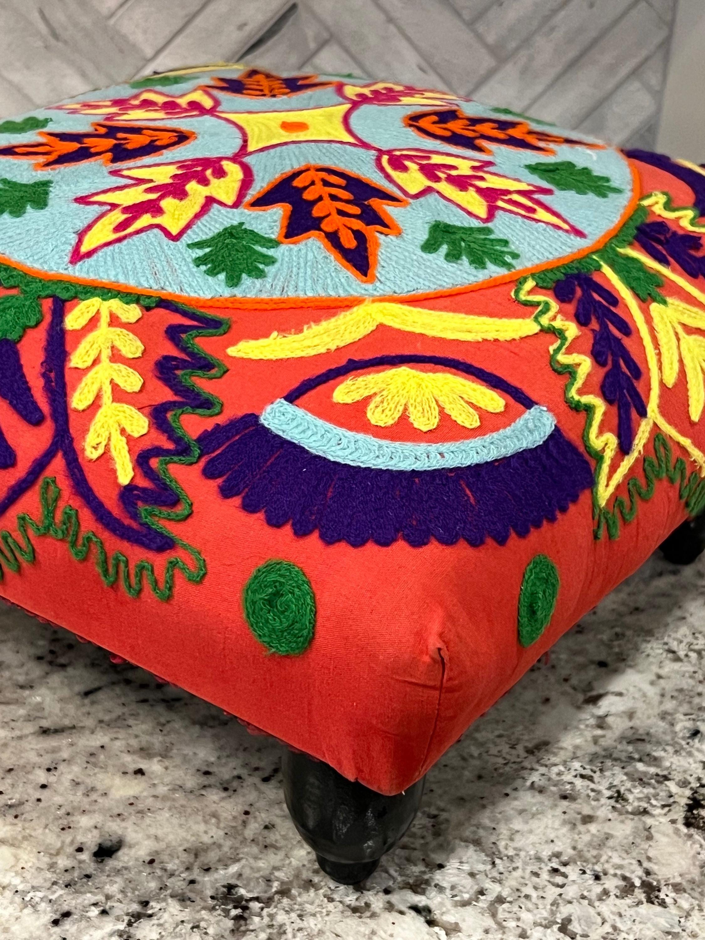 Brightly Colored Boho, Ethnic, Footstool, Footrest, Ottoman With Wooden ...