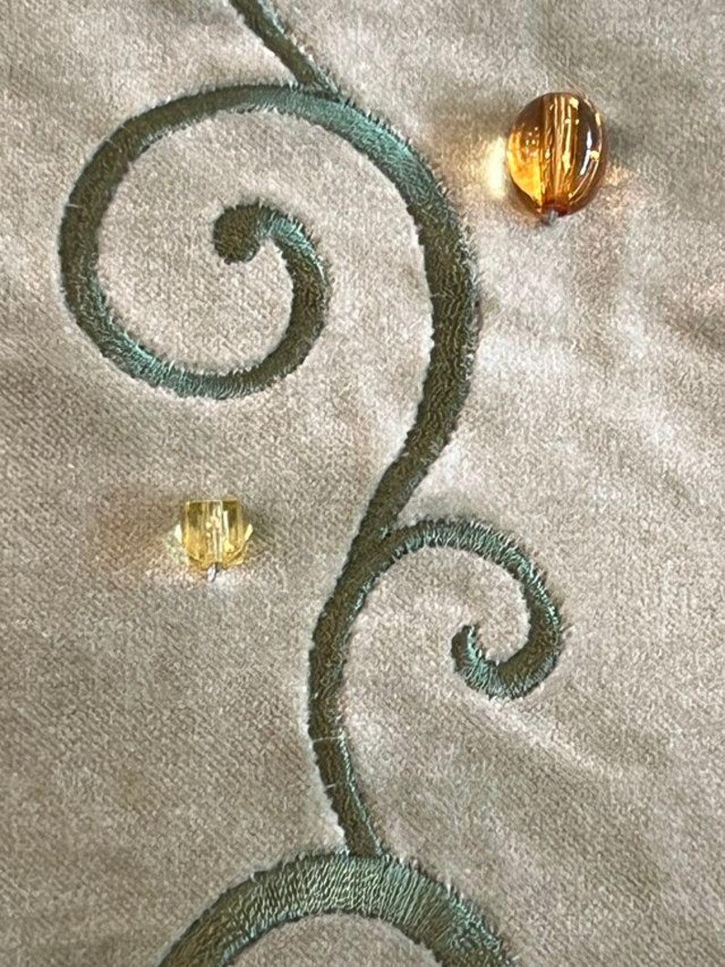 Tree Skirt, Green and Burgundy Velvet With Hand Sewn Jewels, Covered Buttons and Loop Closure ...