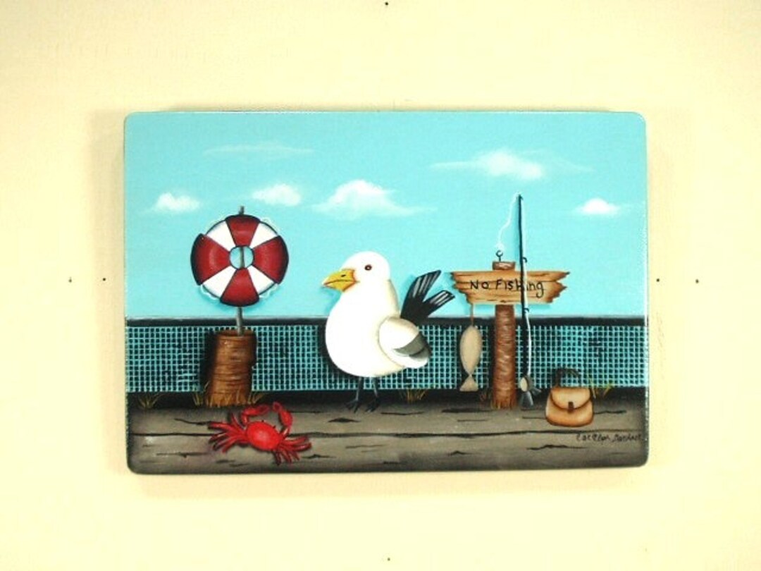 Beach Boardwalk #347, Coastal Fishing Pier Scene, Country Primitive ...