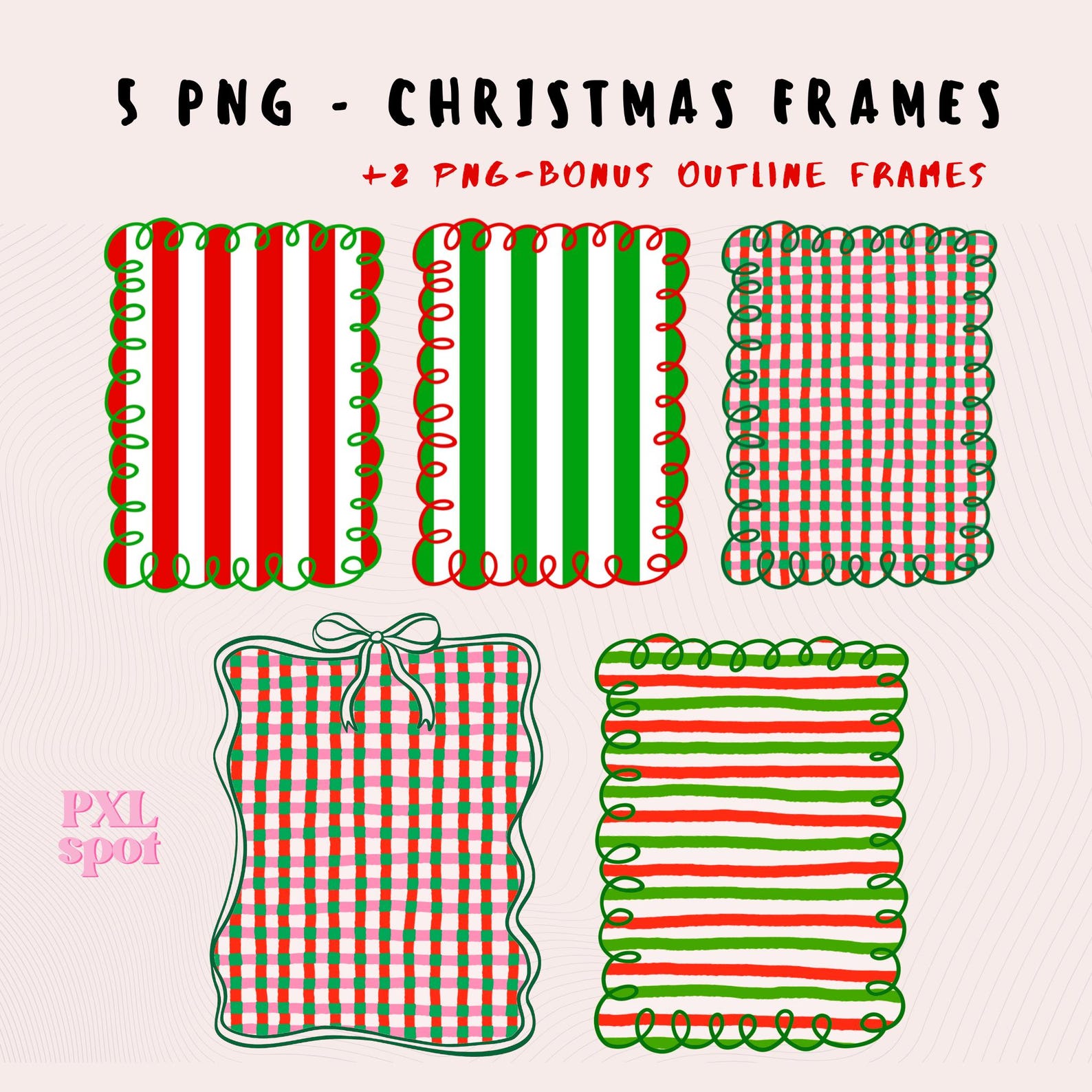 Preppy Christmas Frame PNG Bundle: Retro Xmas Coquette Pattern Stamps ...