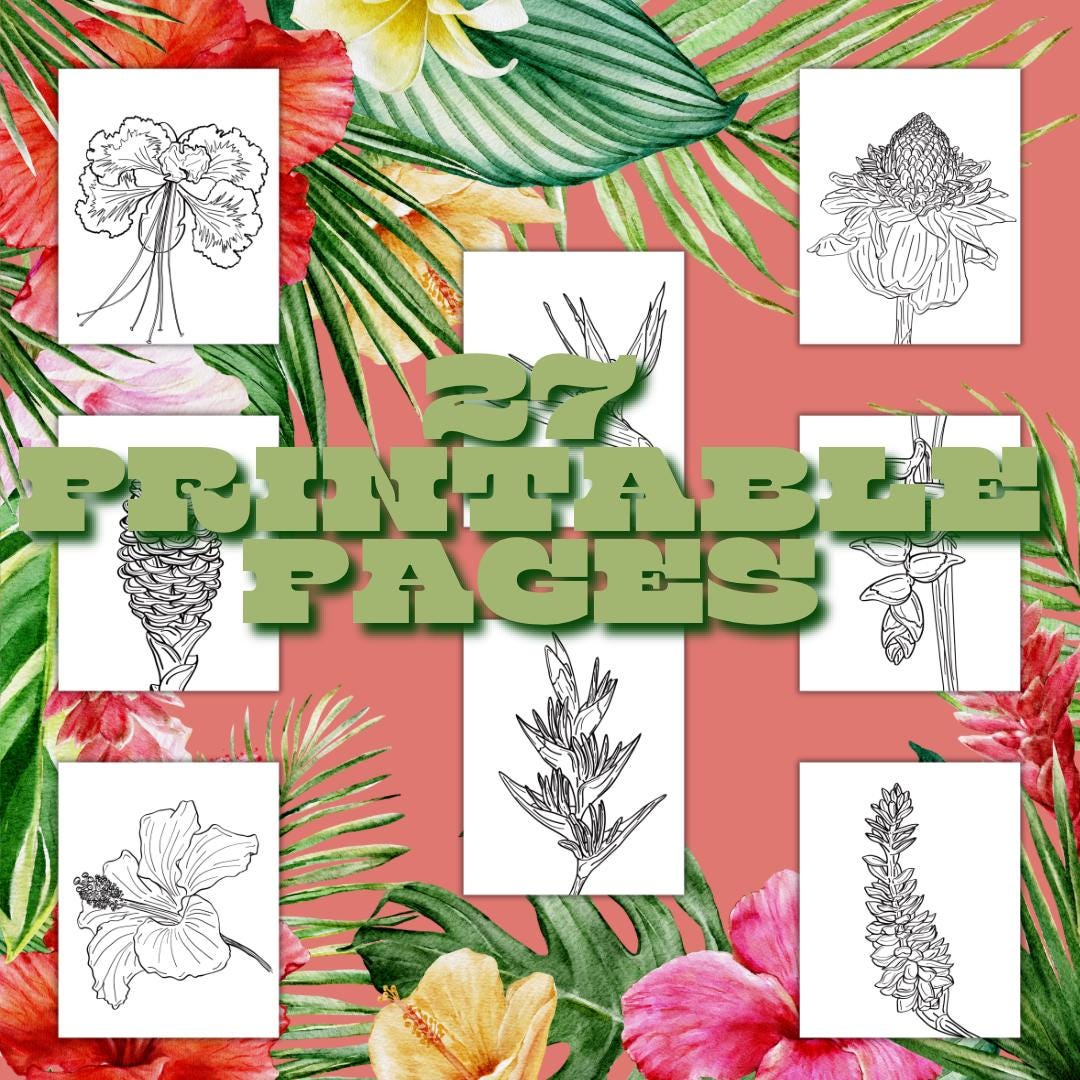 Tropical Flowers Coloring Pages, Printable Digital Download, Digital ...
