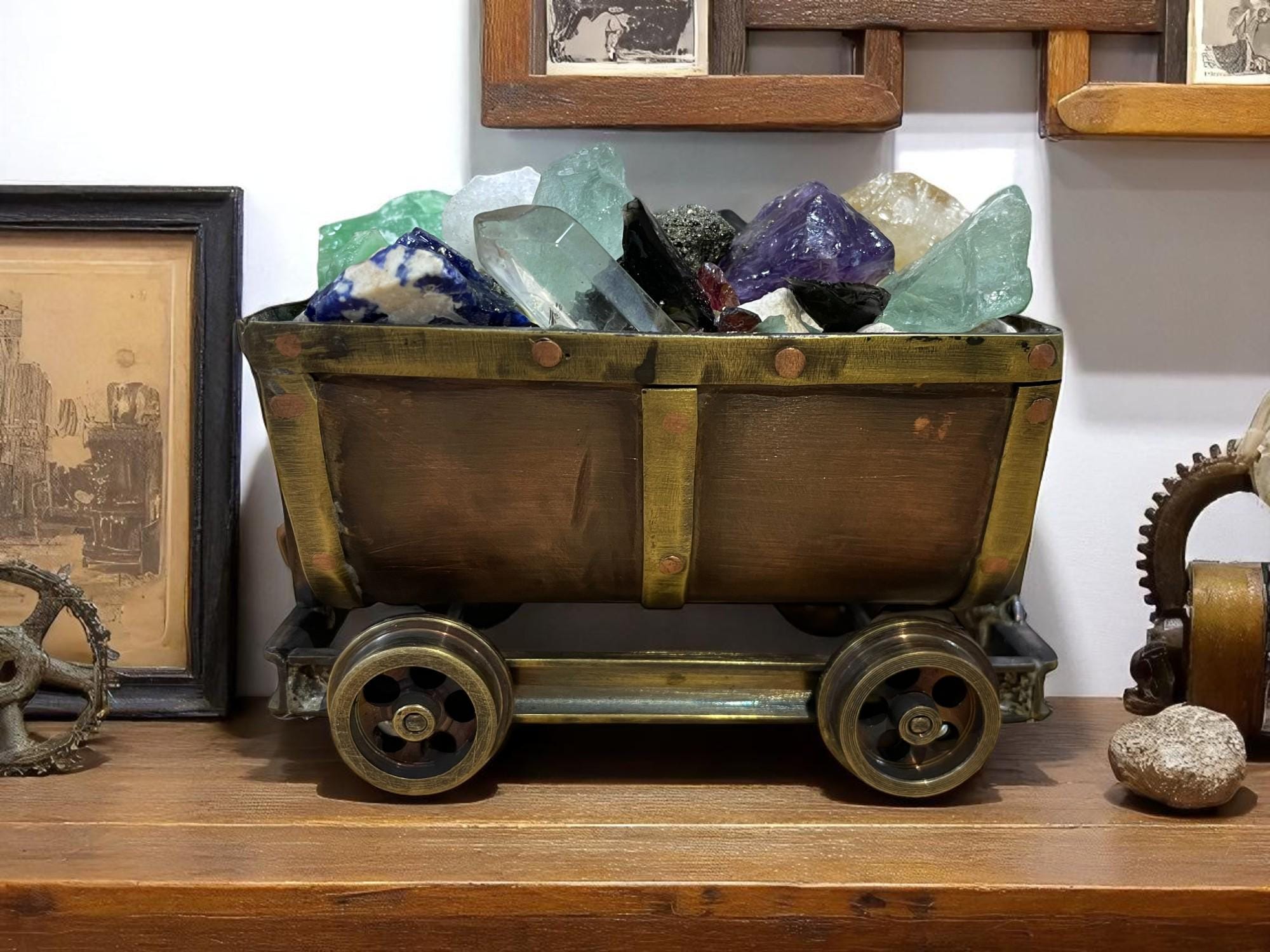 Handmade Copper & Brass Miniature Mine Cart With Natural Crystals - Etsy