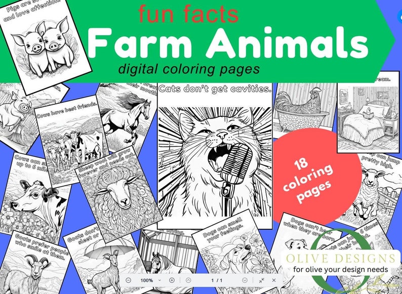 Fun Facts Farm Animal Digital Coloring Pages - Etsy