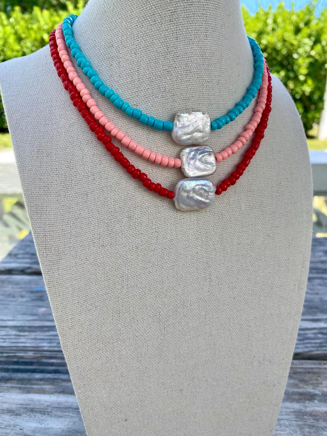 Baroque Pearl Seed Bead Necklace, Turquoise Choker, Turquoise Seed Bead ...