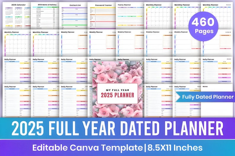 2025 Full Year Fully Editable Dated Planner Template, Canva Digital ...