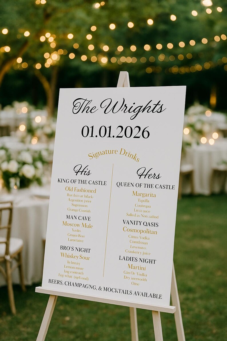 Signature Drink Menu Wedding Bar Sign: Elegant Custom Template (digital ...