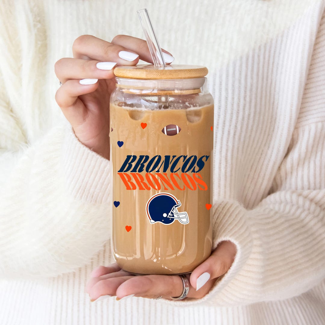 Denver Broncos Iced Coffee Cup, Cute Glass Cup With Lid and Straw ...