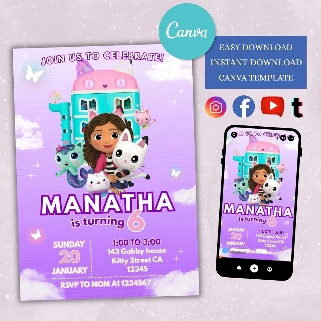 Editable Gabbys Dollhouse Birthday Invitation Template, Printable ...