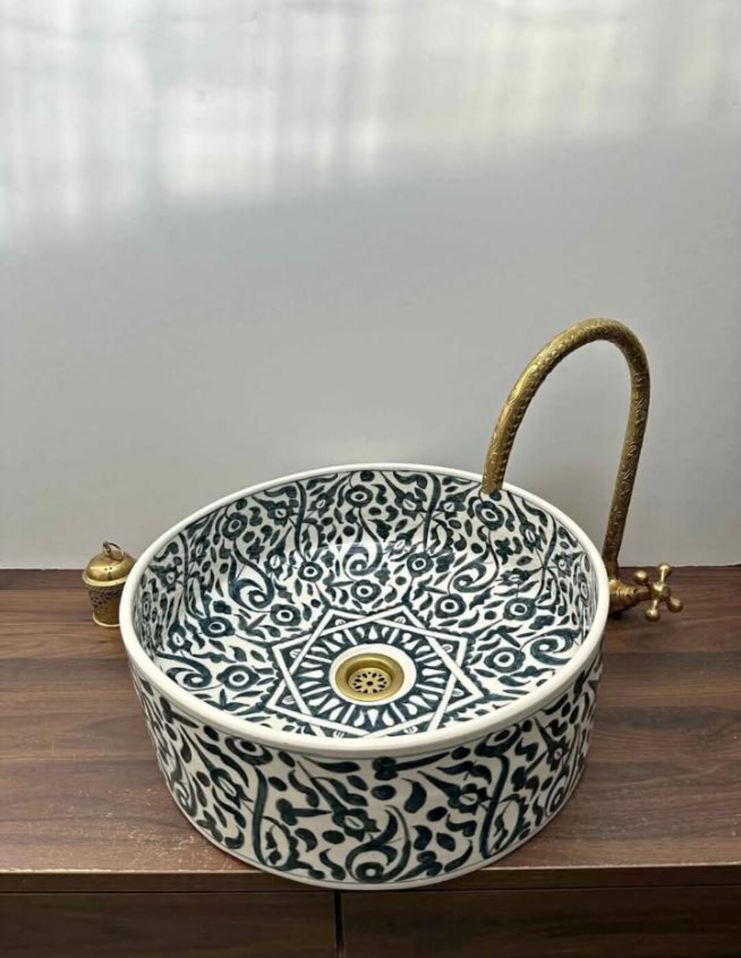 Moroccan Ceramic Vessel Sink – Green & White Hand-painted Basin ...