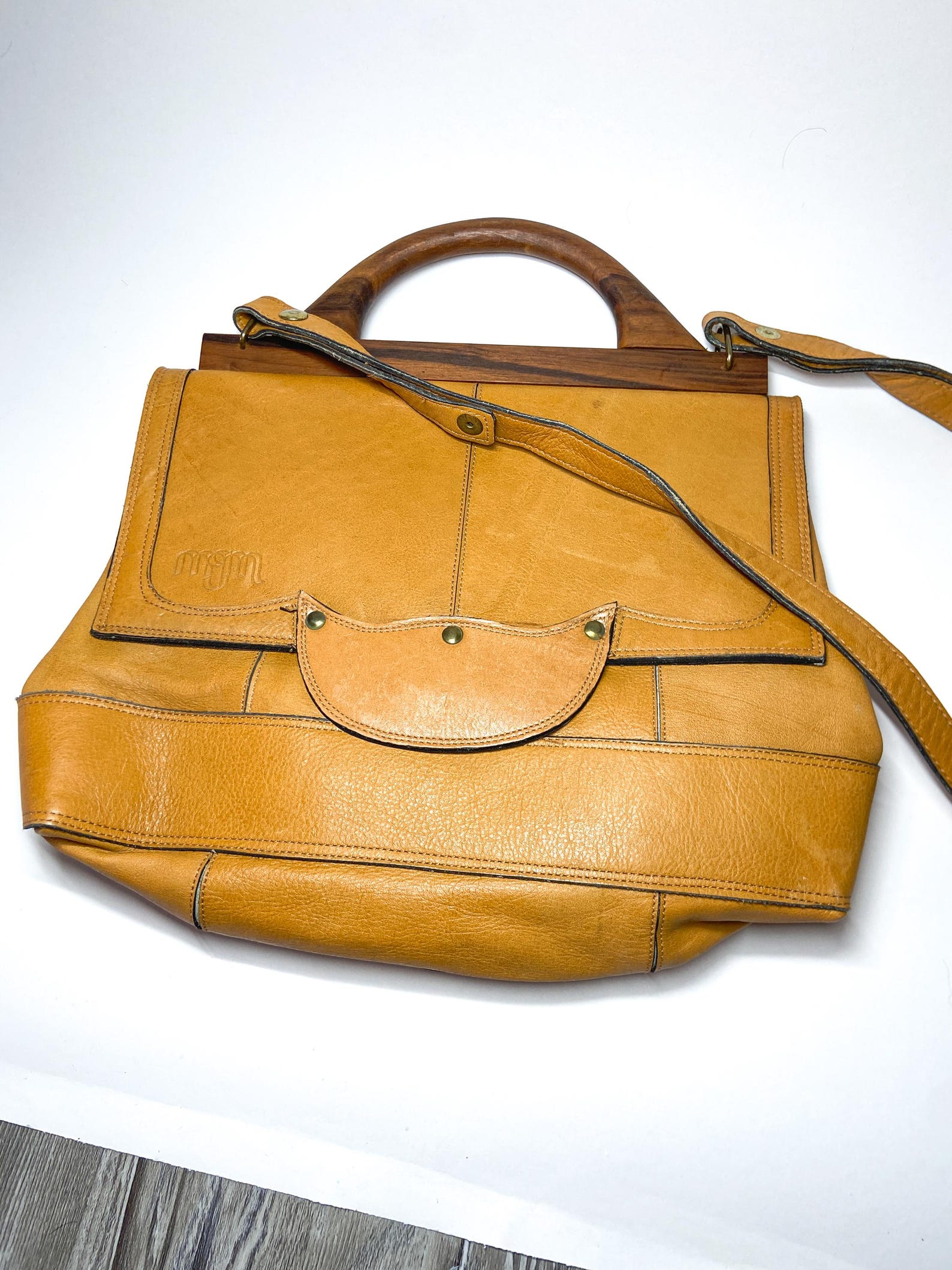 Vintage Wood Handle Purse Yellow Leather Designer MGM Womens Everyday ...