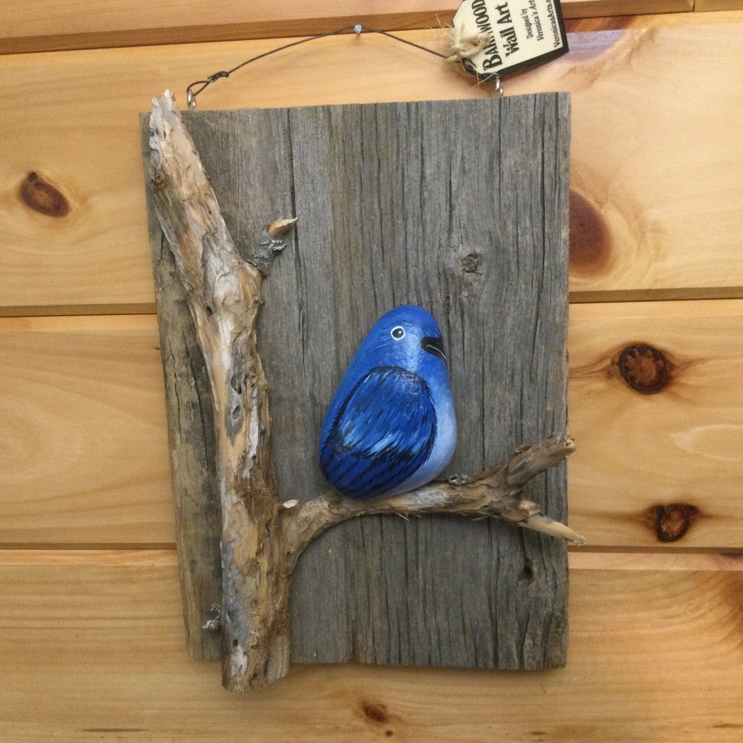 Painted Blue Bird Rock Art on Rustic Barn Wood Wall Art - Etsy