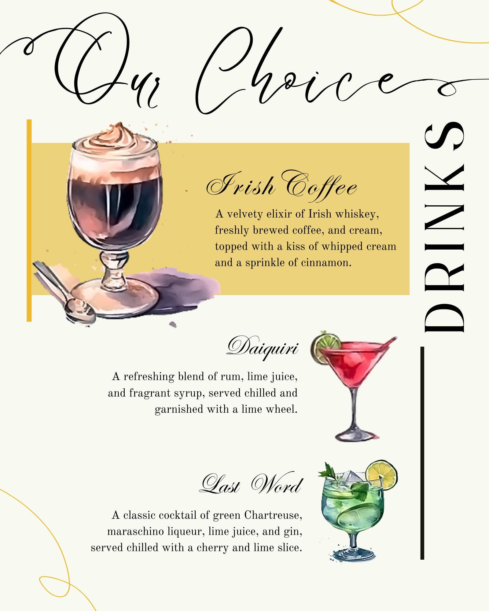 Elegant Cocktail Menu, Minimalist, Modern, 5"×11", 8.5"×11", 16"×20 ...