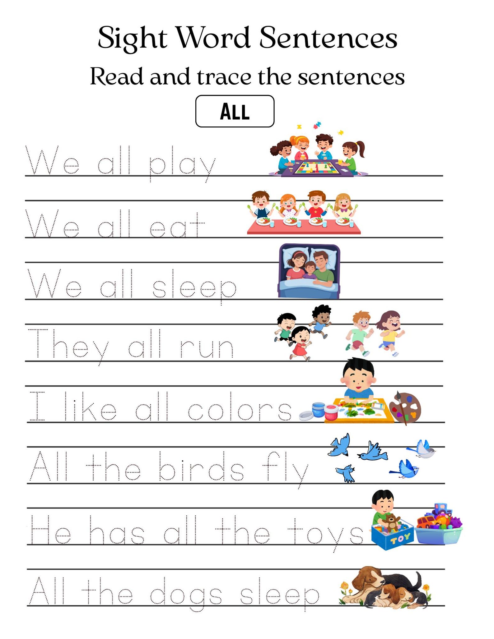 Sight Word Sentence Tracing Worksheets | KG Primary Font | Preschool ...
