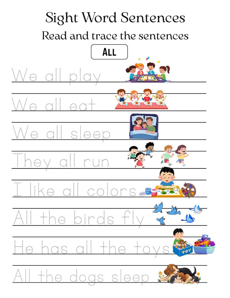 Sight Word Sentence Tracing Worksheets | KG Primary Font | Preschool ...
