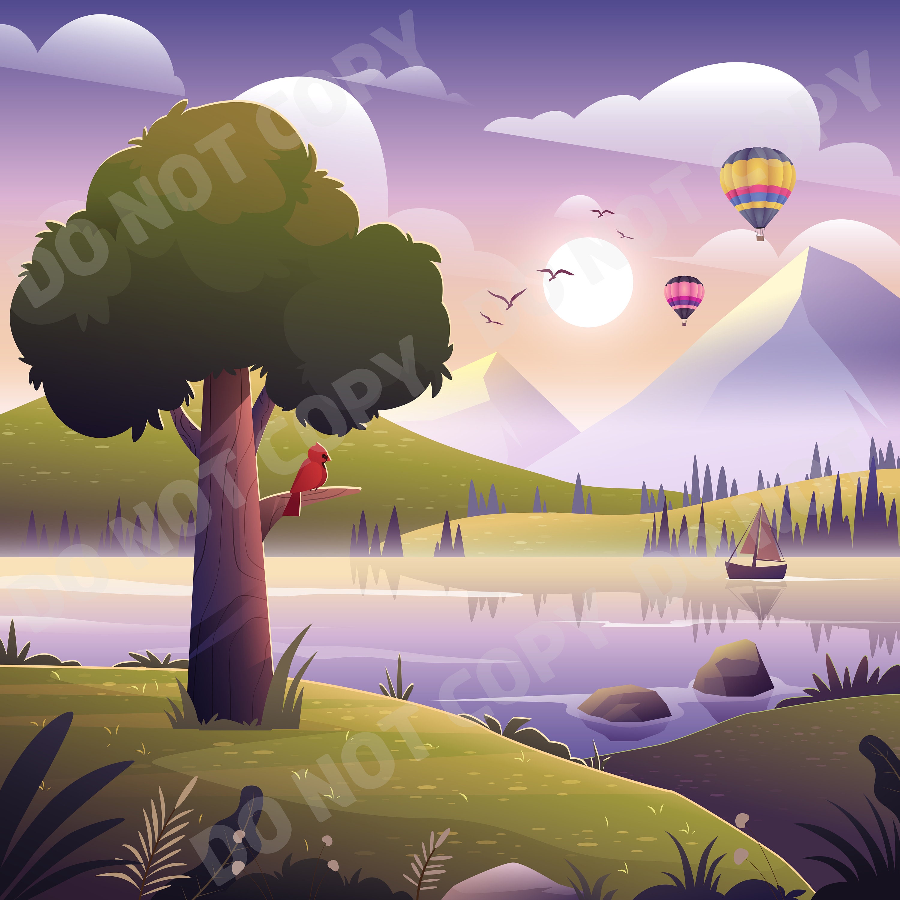 A Detailed 2D Vector Illustration of a Peaceful Lake, Surrounded by ...