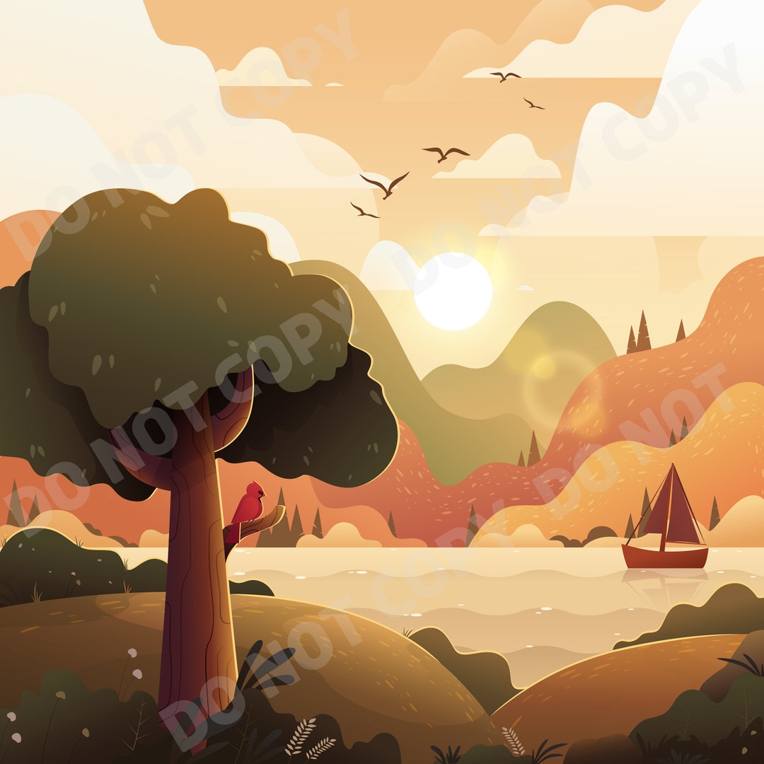 A Detailed 2D Vector Illustration of a Peaceful Lake, Surrounded by ...