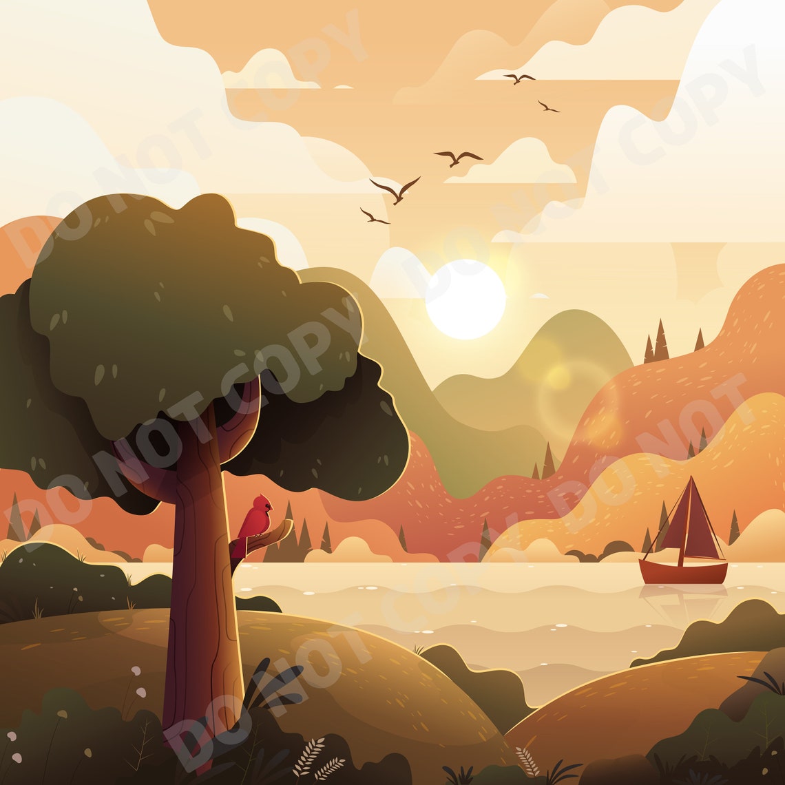 A Detailed 2D Vector Illustration of a Peaceful Lake, Surrounded by ...