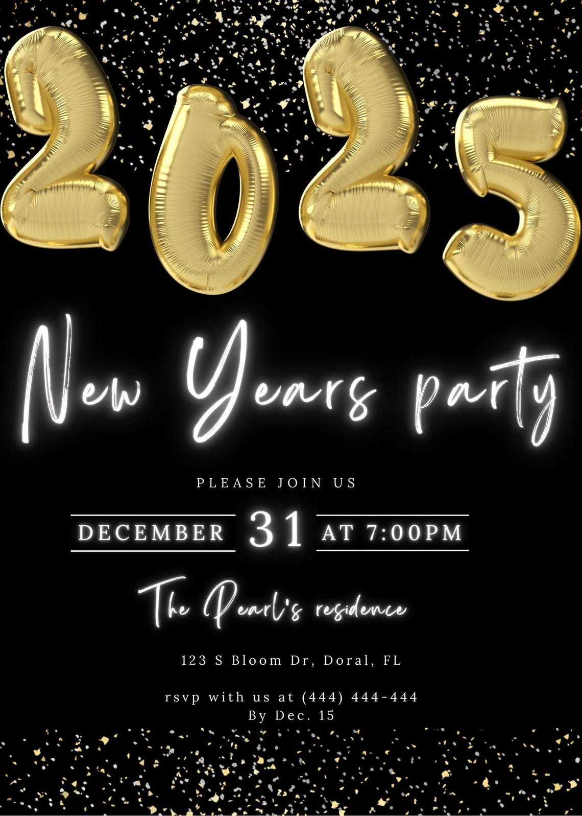 2025 New Years Party Invitation Template, Gold Balloon New Years Eve ...