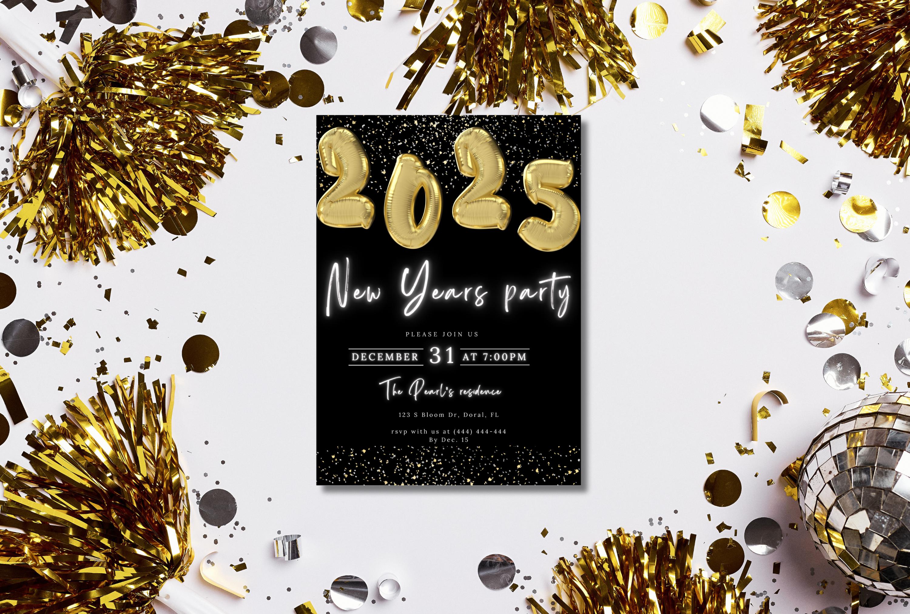 2025 New Years Party Invitation Template, Gold Balloon New Years Eve ...