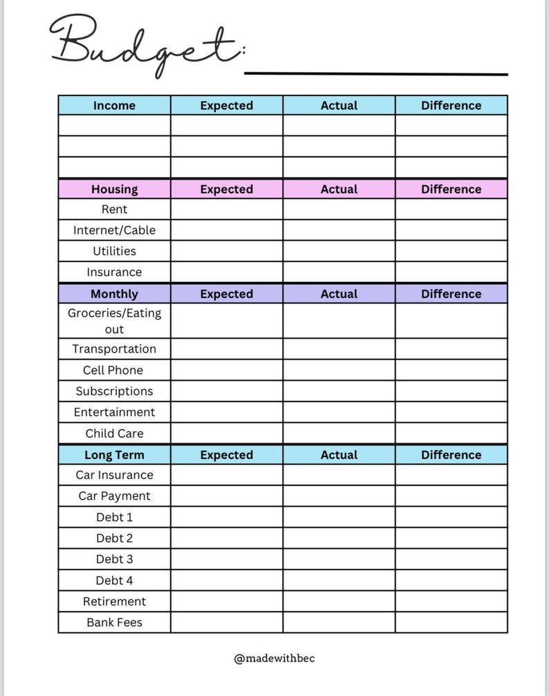Digital/printable Monthly Budget Sheet - Etsy