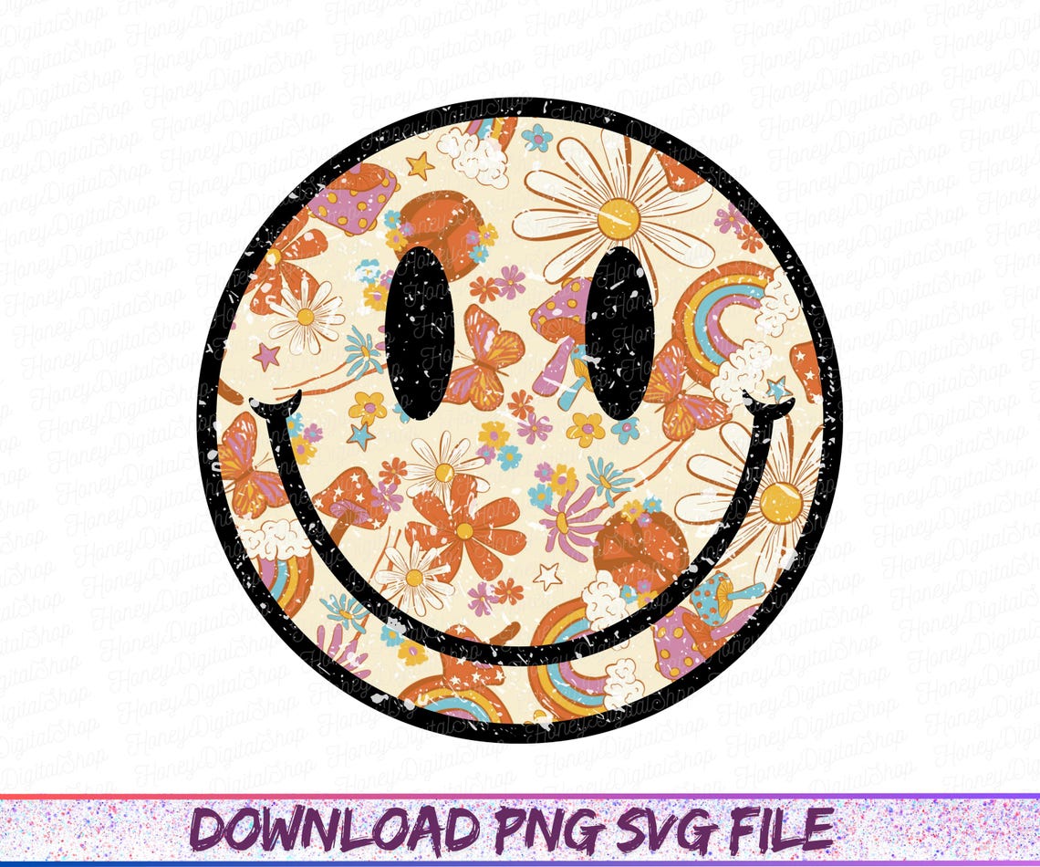 Distressed Smile Face PNG Retro Flower Png Stay Groovy 70s Inspired Png ...