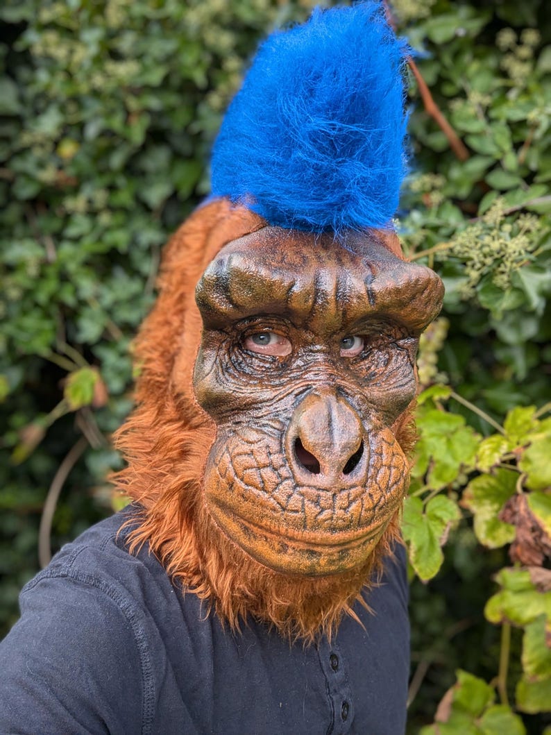 Handmade 3D Printed Badass Chimp Mask With Large Blue Mohawk Unique ...