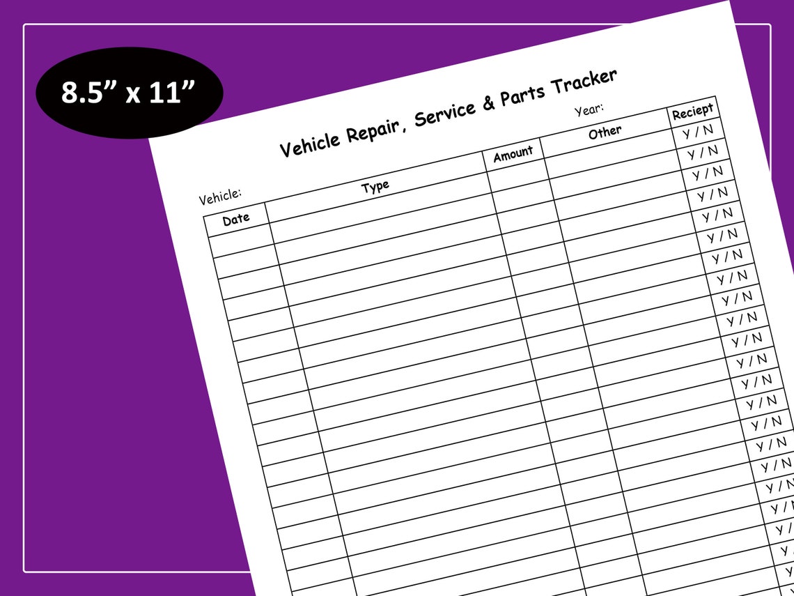 Vehicle Repair Service & Parts Tracker Auto Expense Chart | Etsy