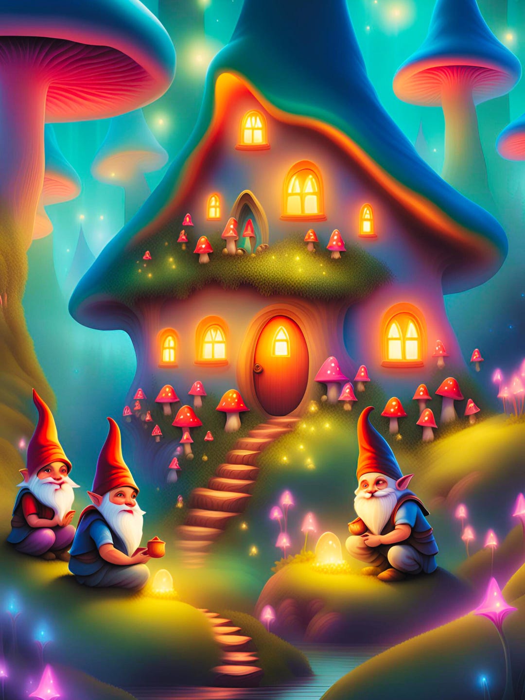 Neon Enchanted Forest Poster With Gnomes and Mushroom Garden - Etsy