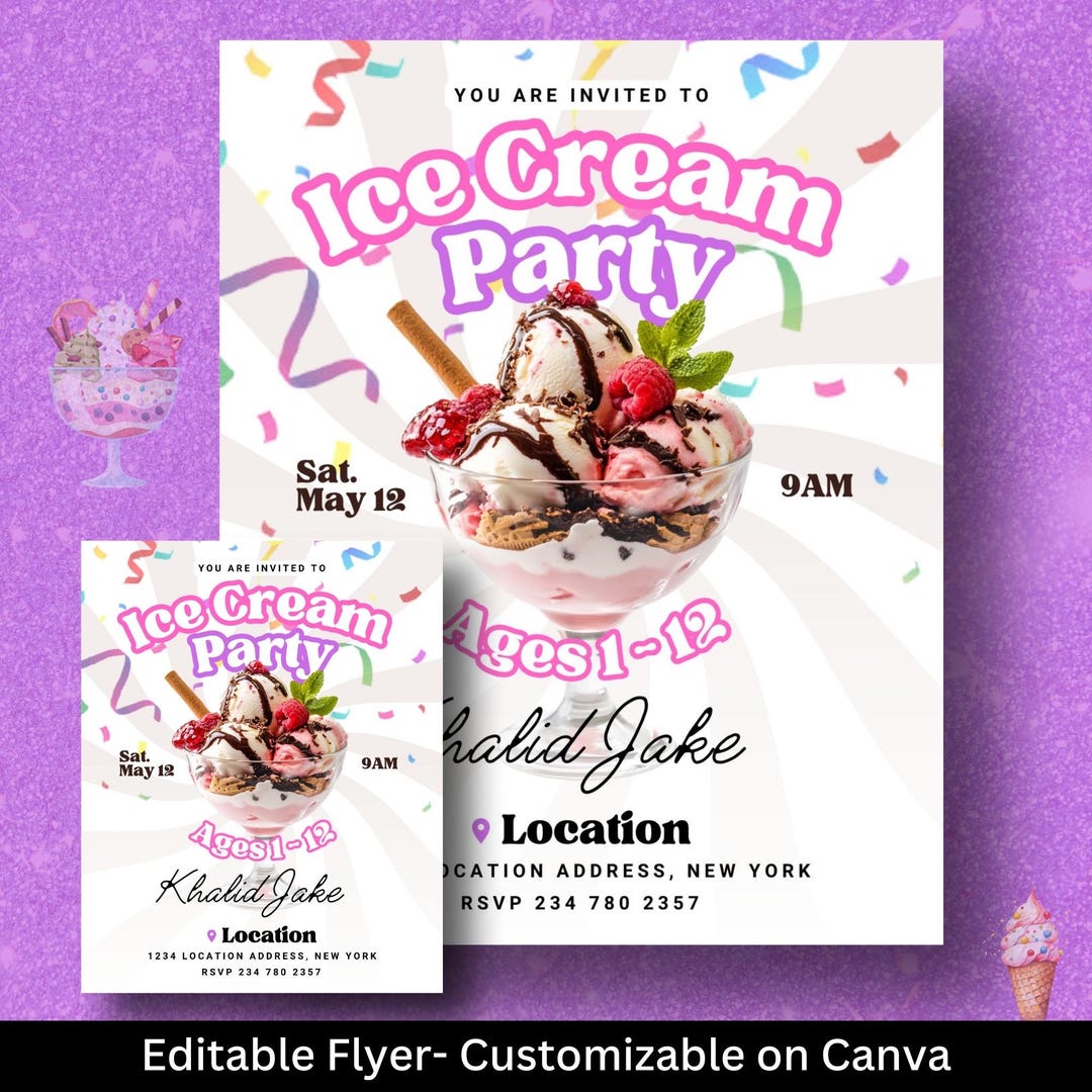 Kids Ice Cream Party Flyer - Editable Canva Template for Sweet ...