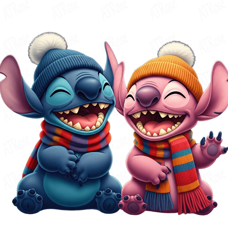 PNG Laughing Stitch and Angel in Winter Hats Cute Holiday Clipart ...