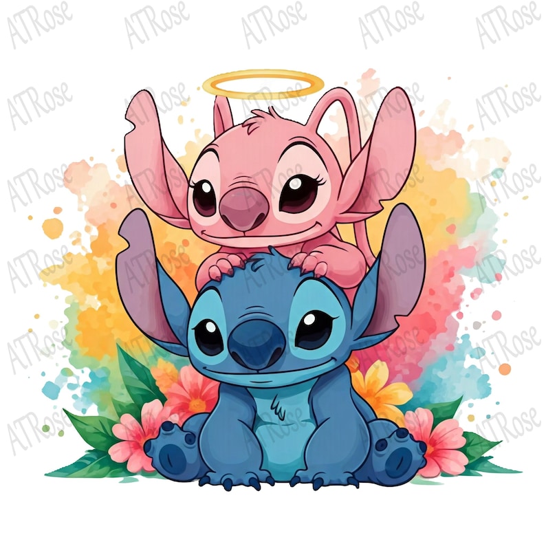 PNG - Stitch and Angel With Flowers and Halo - Cute Clipart - Digital ...