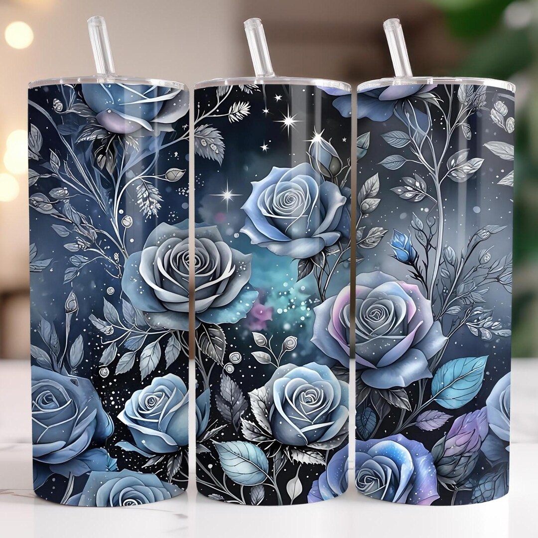Elegant Blue Rose Tumbler Wrap PNG - 20oz Skinny Sublimation Design ...