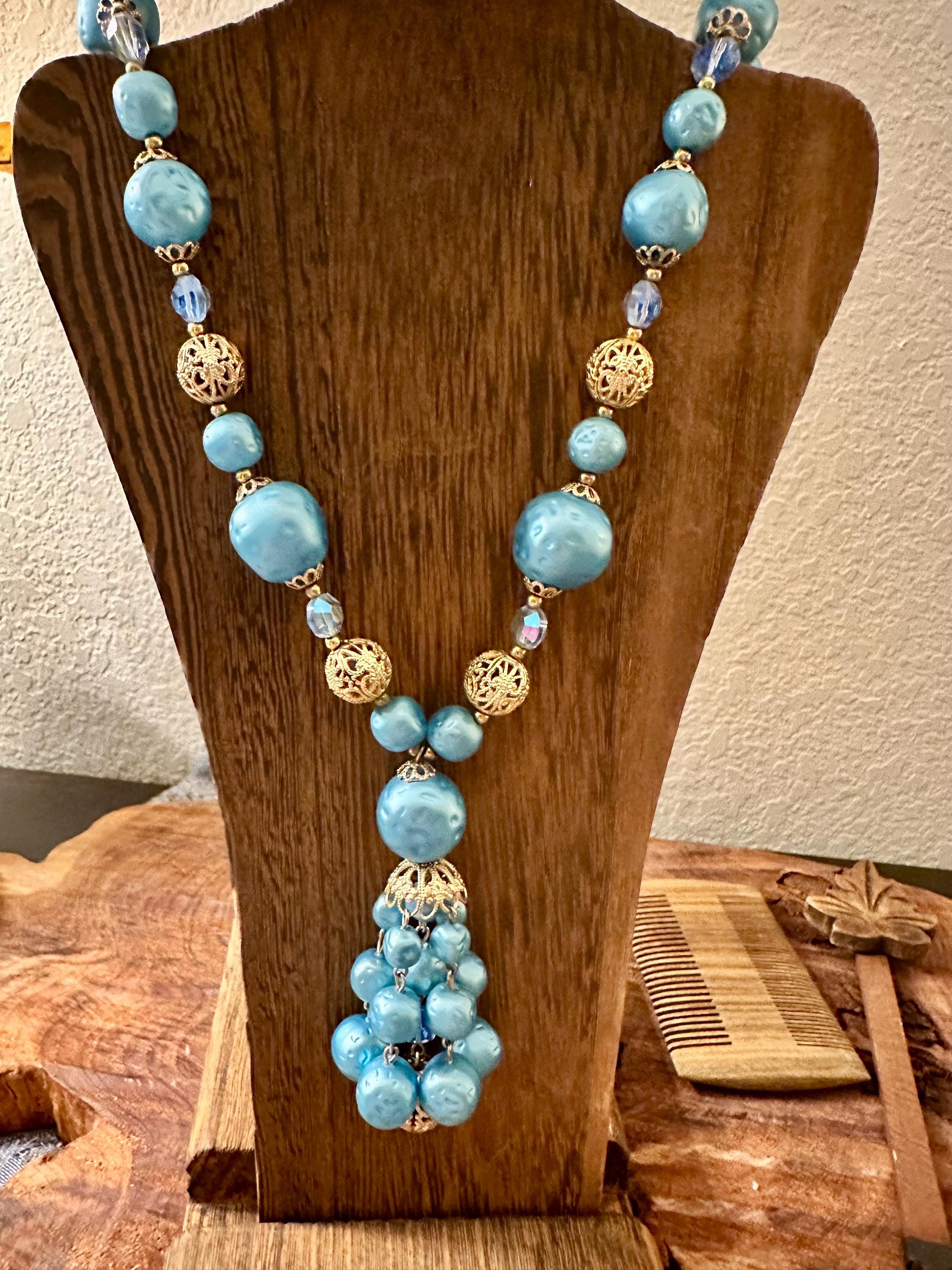 Vintage Hammered Blue Metal and Gold Colored Filigree Necklace - Etsy