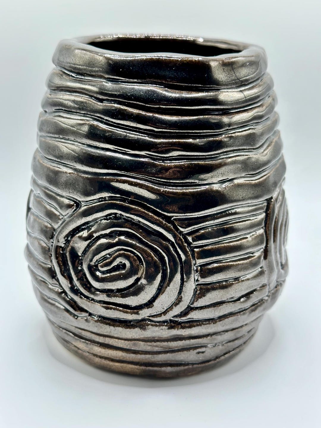 Hand Built Chocolate Brown Metallic Glaze Coil Pottery Vase - Signed ...