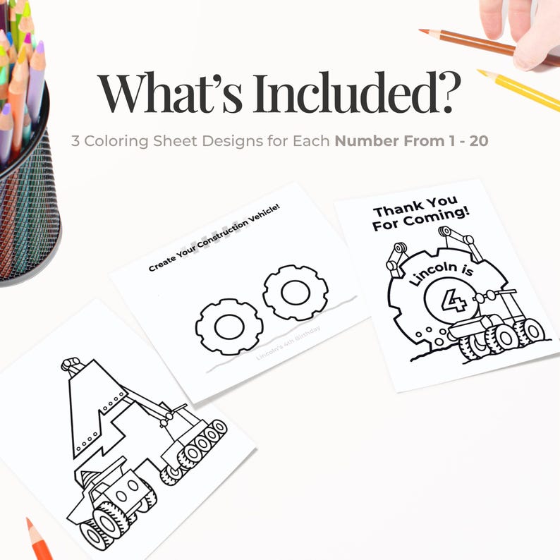 Editable Construction Birthday Party Coloring Pages: Numbers 1-20 ...