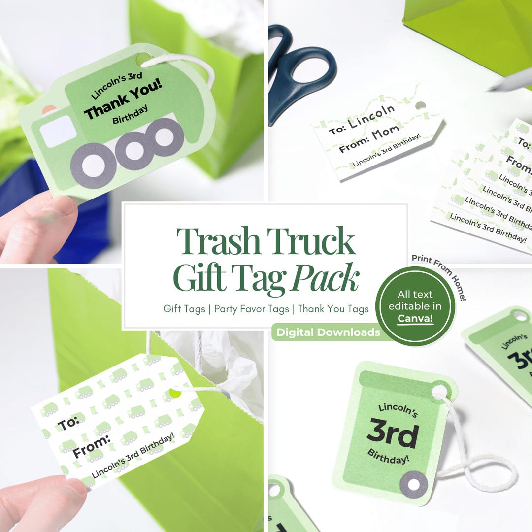 Printable Trash Truck-themed Birthday Gift Tag Template Pack | Digital ...