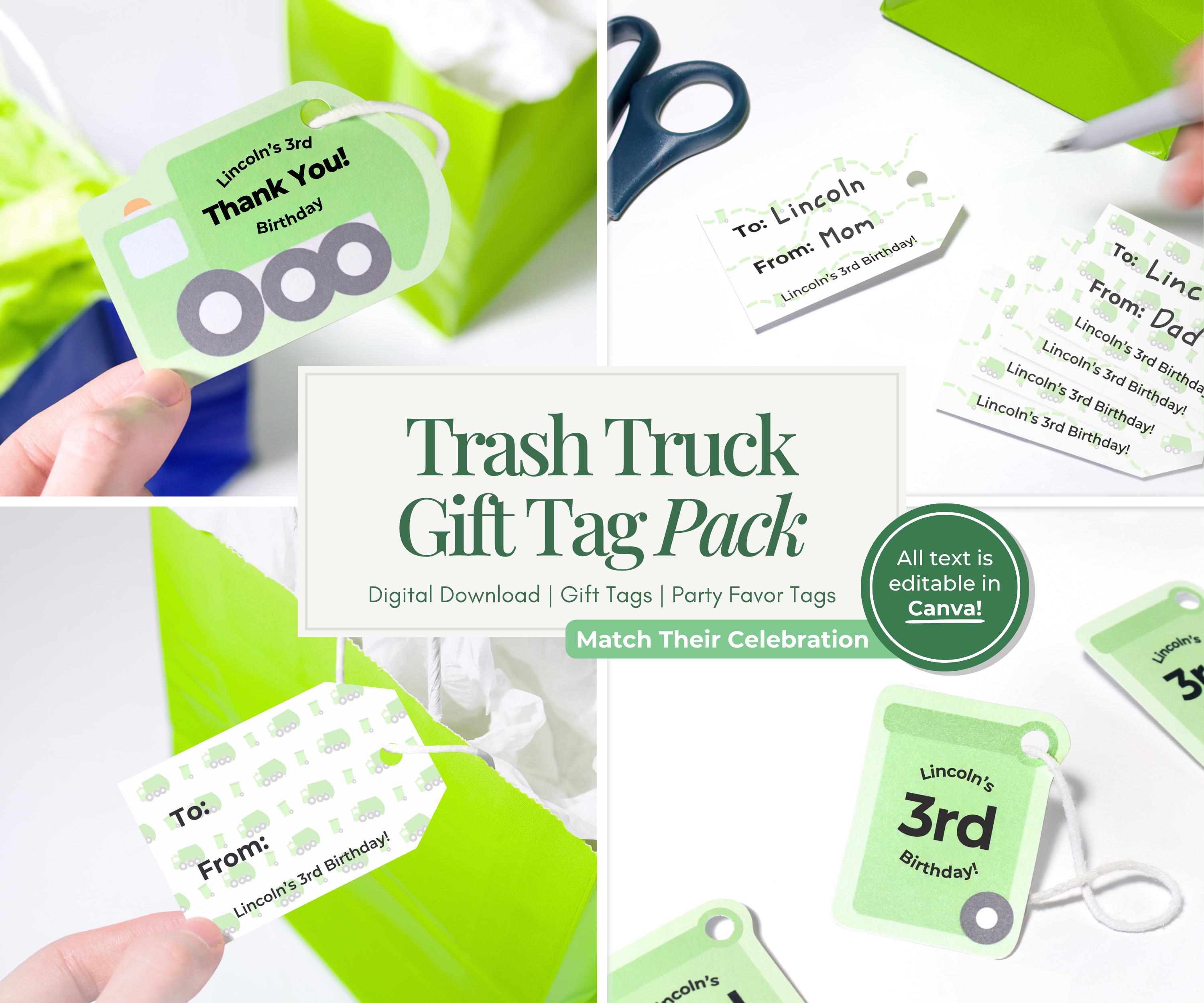 Printable Trash Truck-themed Birthday Gift Tag Template Pack | Digital ...