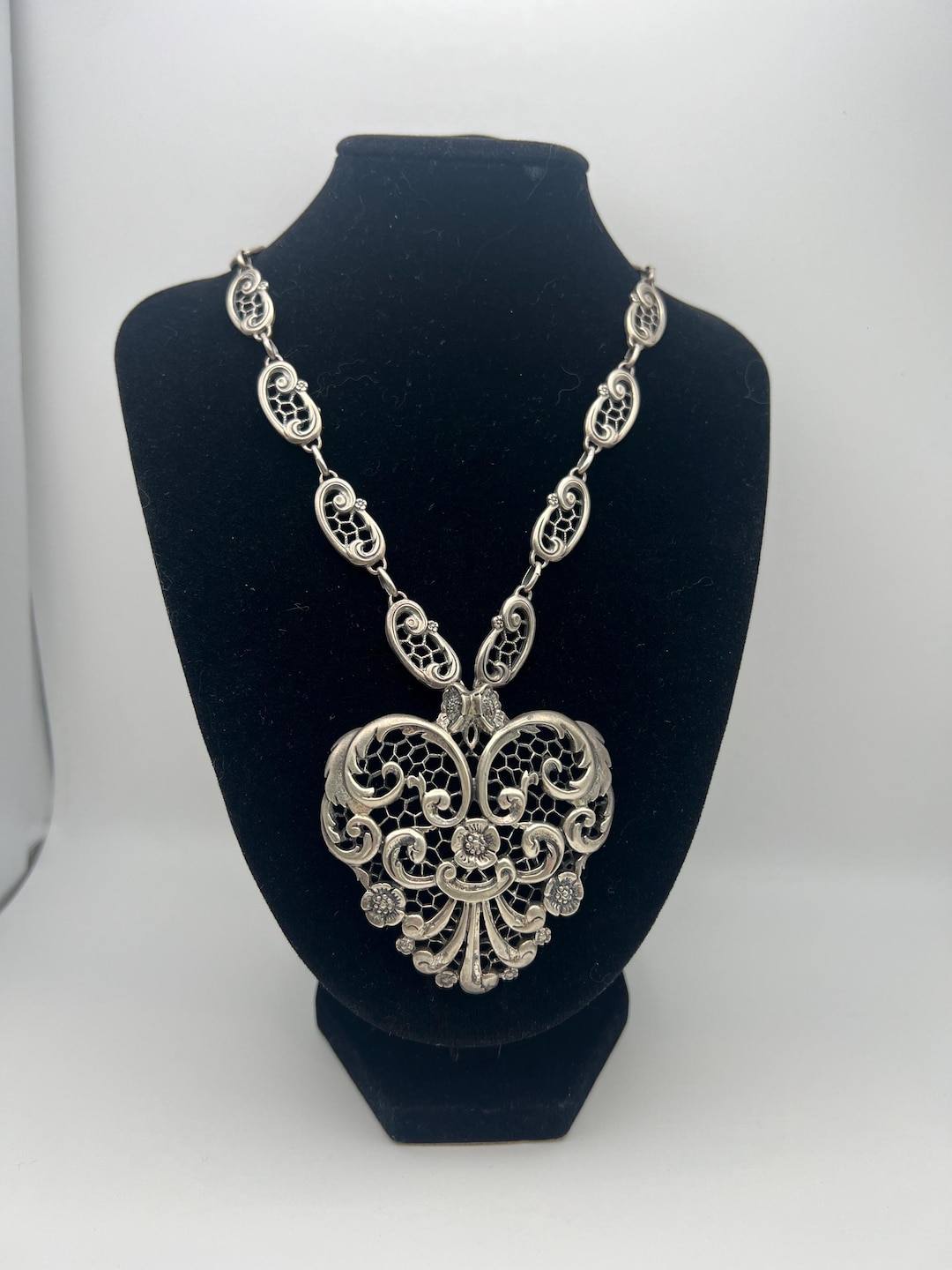 Vintage Danecraft Sterling Silver Florentine Lace Heart Necklace - Etsy