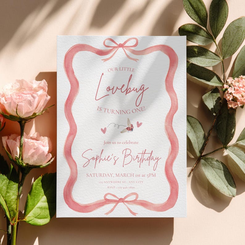 Little Love Bug Invitation Turning One Invite Garden Ladybug Theme Girl ...