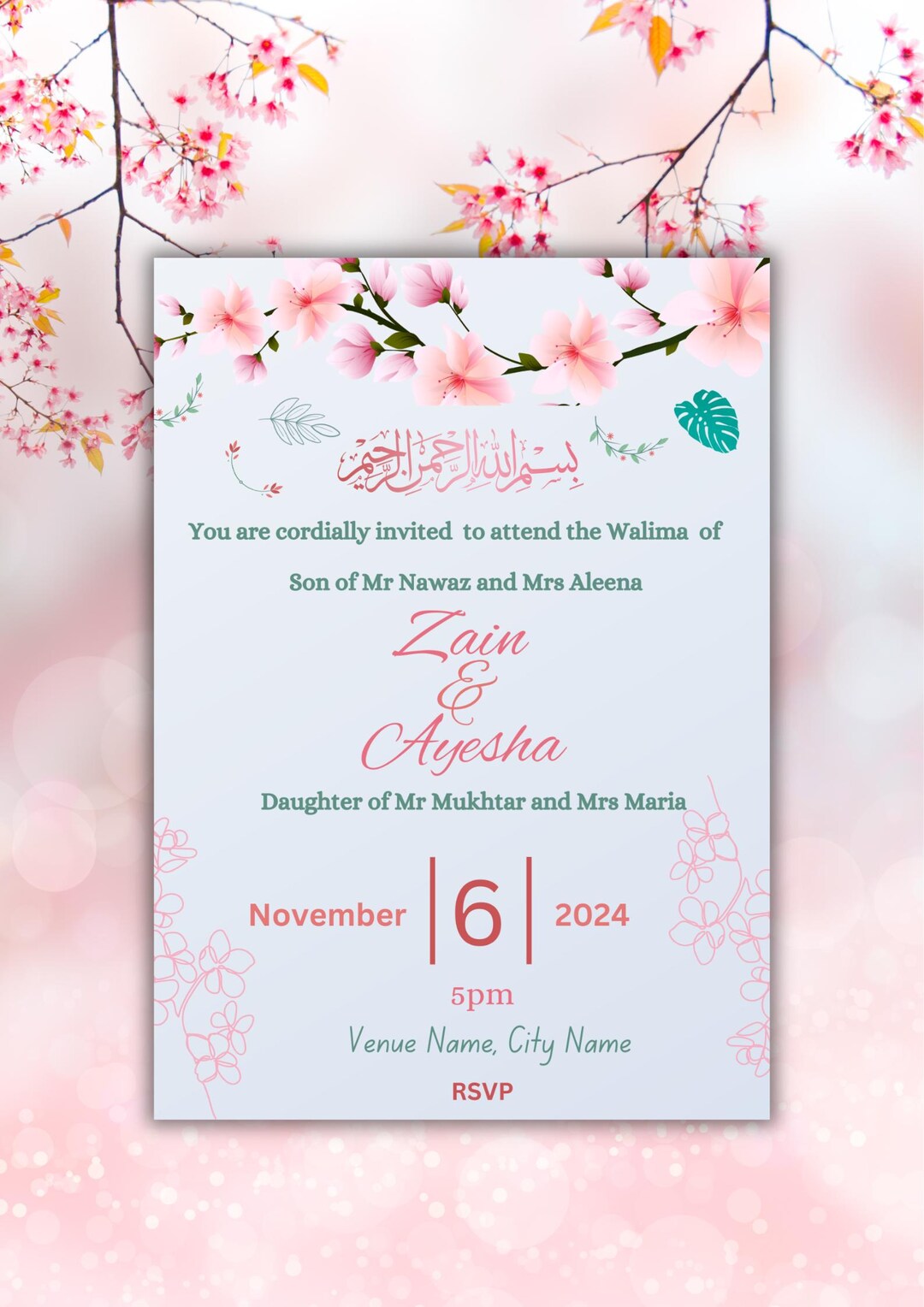 Digital Walima Invitation Template. Walima Wedding Card. Teal Wedding ...