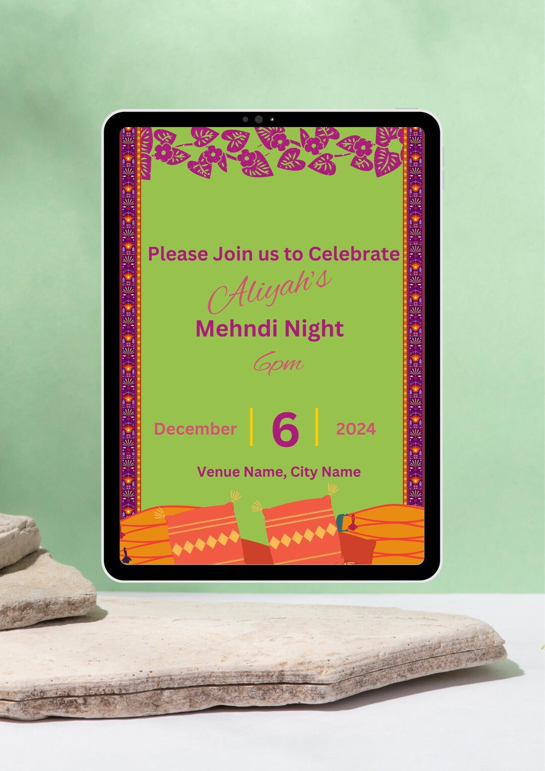 Digital Mehndi Invitation Template. Mayun Card. Green Mehndi Card ...