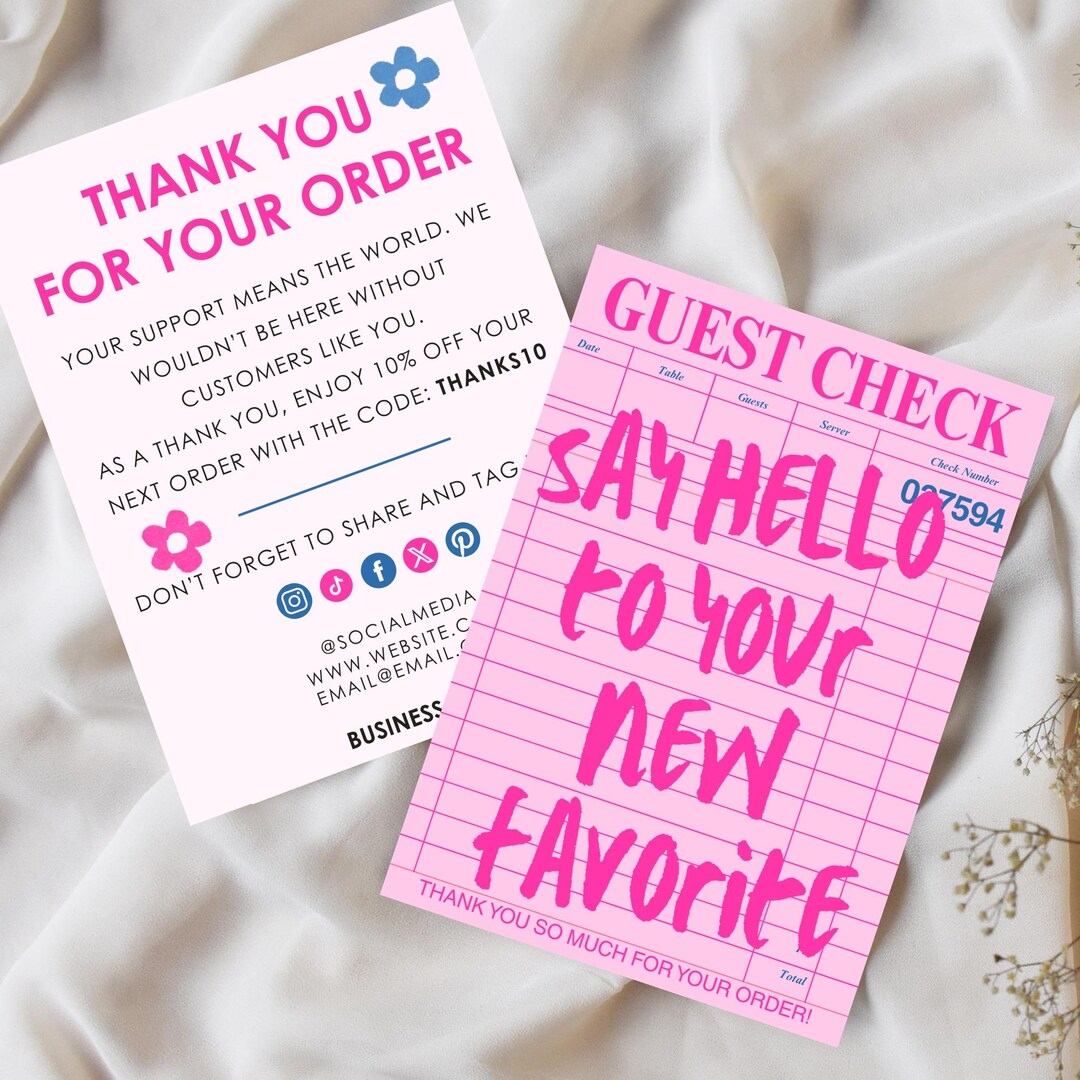 Guest Check Thank You Card Template: Printable Small Business Packaging ...