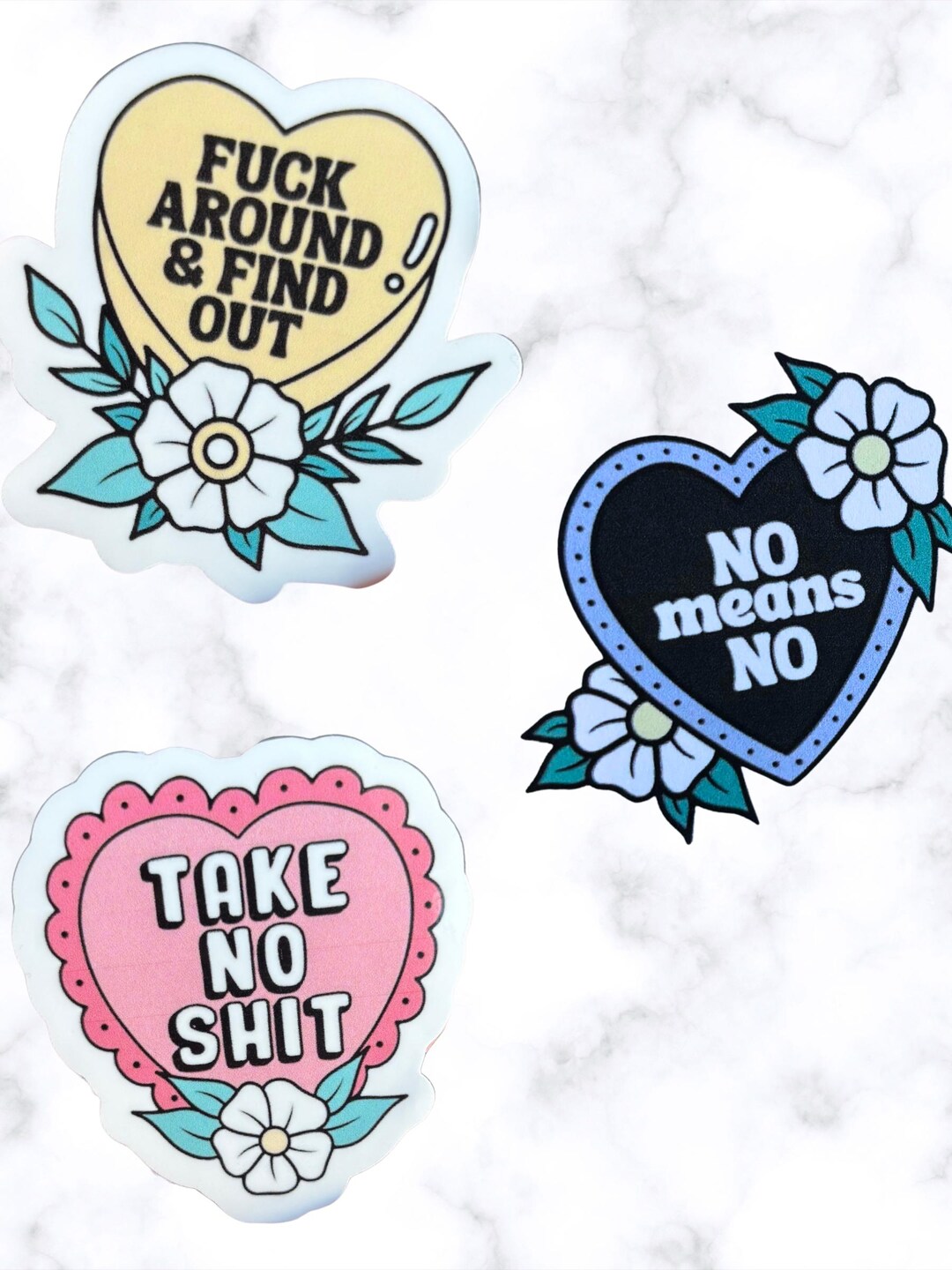 Heart Shaped Stickers With Short Sayings No Means No Fuck Around & Find ...
