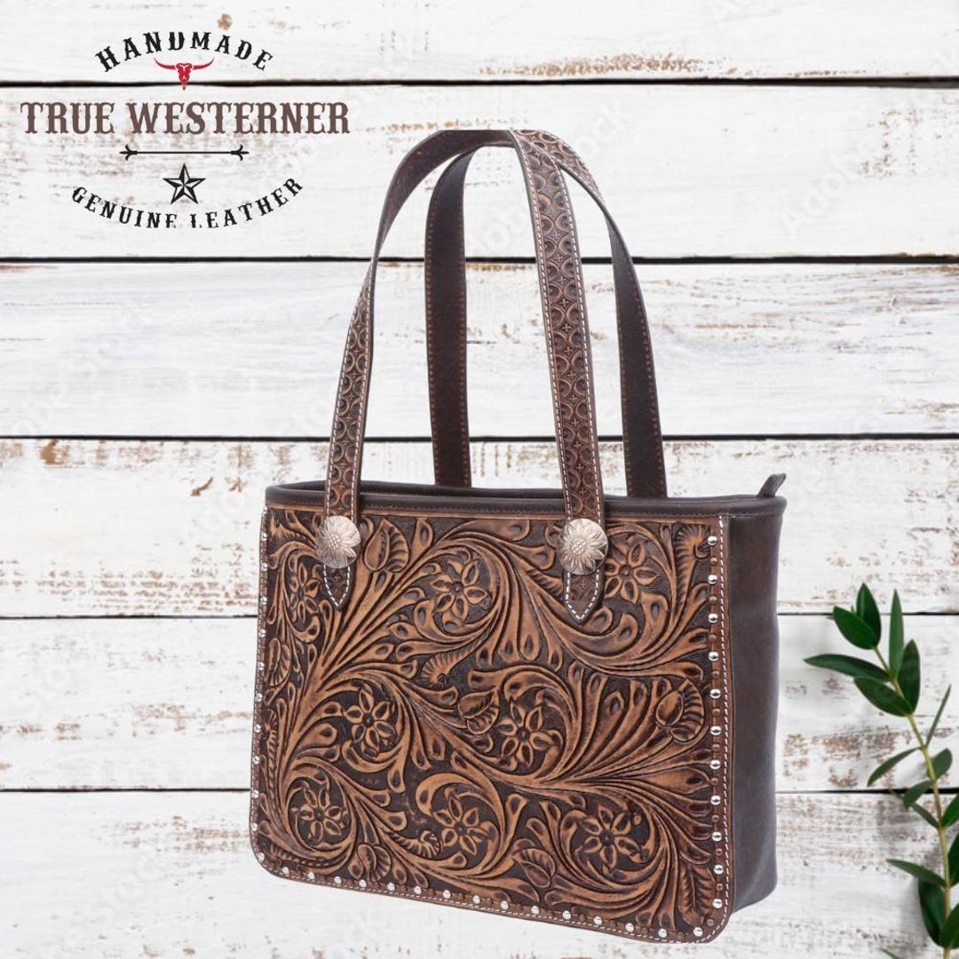 Hand-tooled Leather Western Handbag: Cowhide Tooled Leather Tote - Etsy