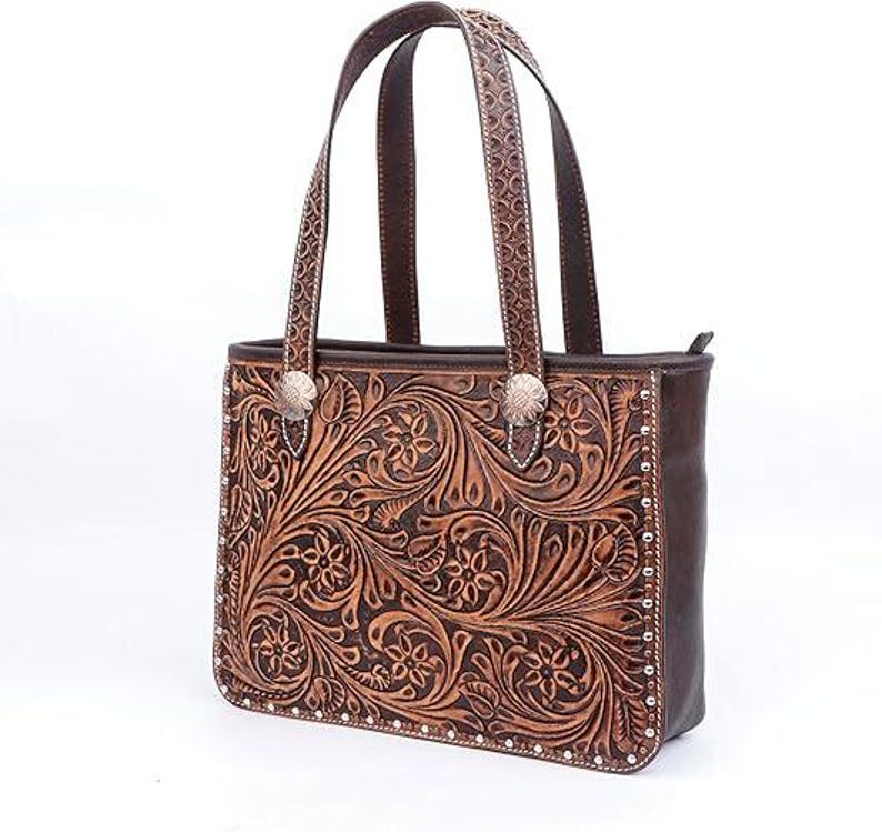 Hand-tooled Leather Western Handbag: Cowhide Tooled Leather Tote - Etsy